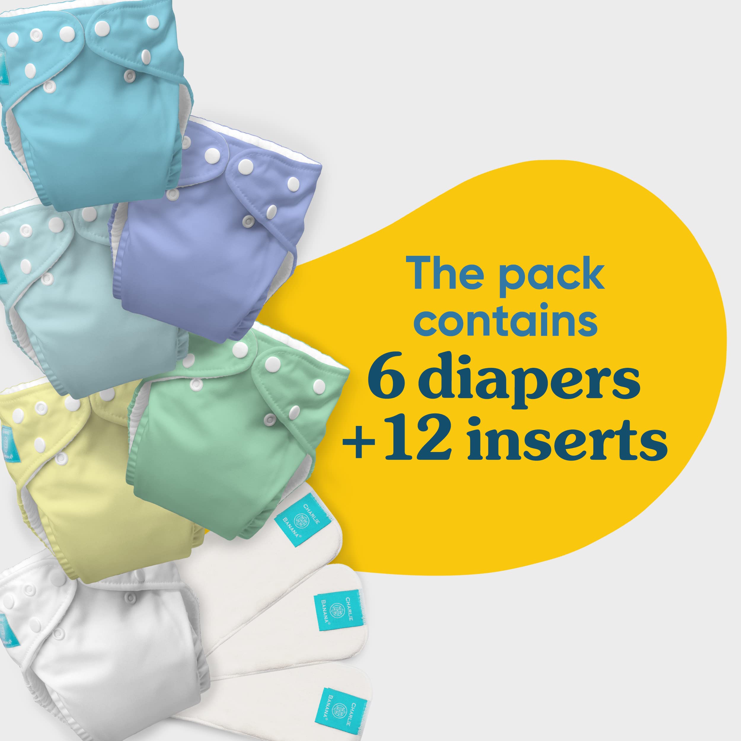 Charlie Banana Baby 2-in-1 Reusable Fleece Cloth Diapering System, Reusable and Washable, 6 Diapers and 12 Inserts, One Size, Unisex Pastel