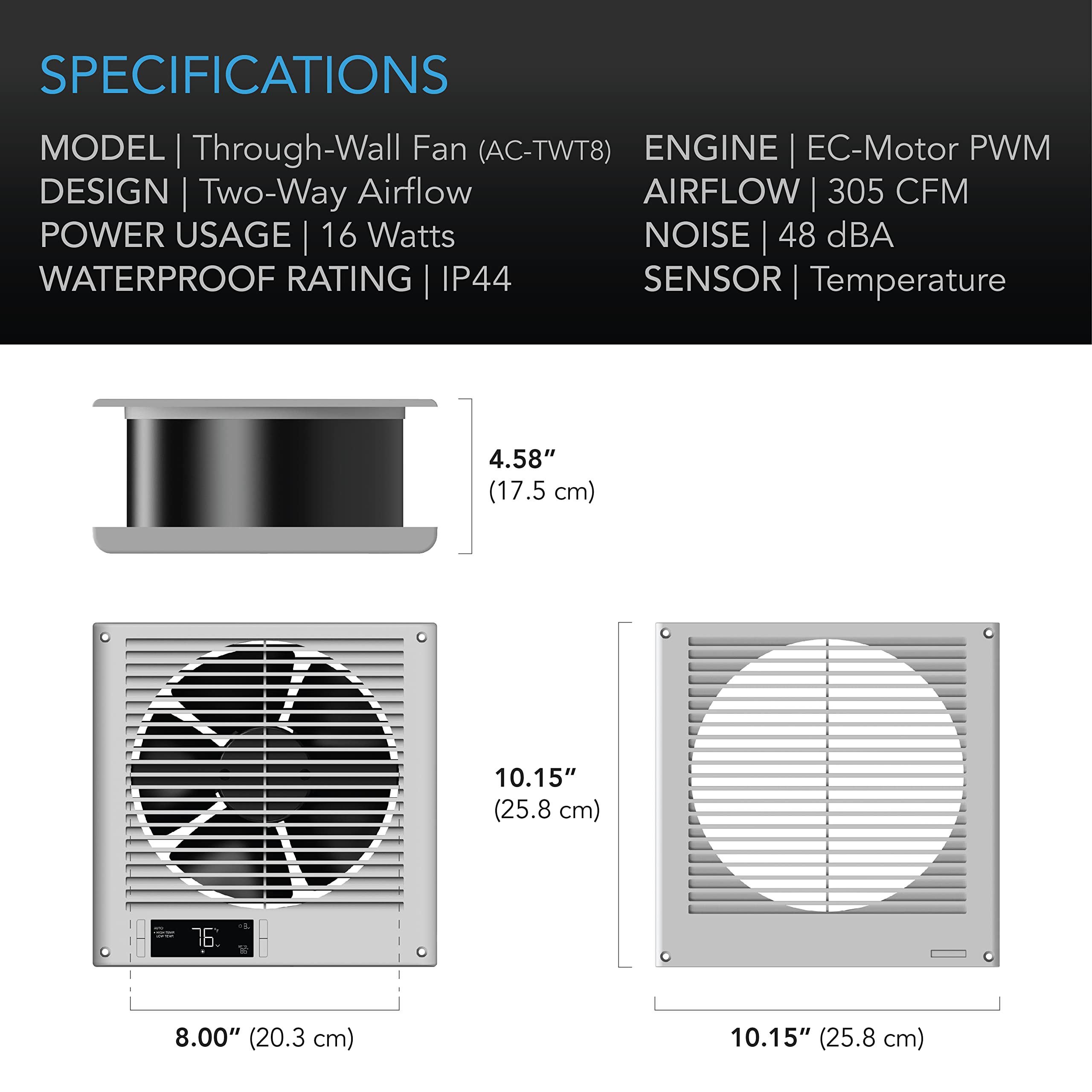 AC Infinity Room to Room Fan 8”, Two-Way Airflow Through-the-Wall Fan with Temperature Controller, Precise 10-Speed Quiet In-Wall Vent Fan for Kitchen, Laundry Room, and Workshops