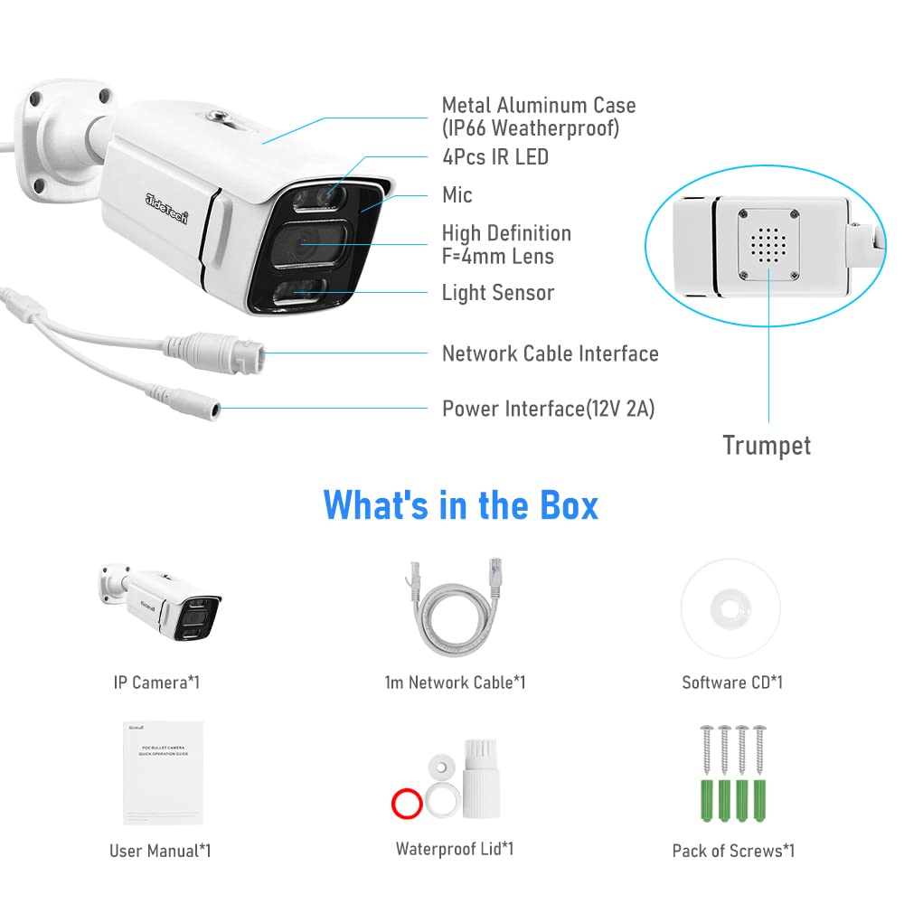 JideTech HD 5MP POE Camera Outdoor, 2592x1944P Bullet IP Security Camera with 2 Way Audio, Night Vision 65ft, Motion Detection, IP66 Waterproof, Support H.265+ Video Compression, 24/7 Recording