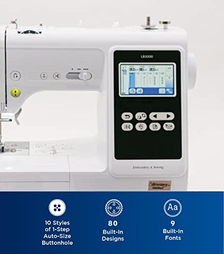 Brother LB5000 Sewing and Embroidery Machine, 80 Built-in Designs, 103 Built-in Stitches, Computerized, 4" x 4" Hoop Area, 3.7" LCD Touchscreen Display, 7 Included Feet