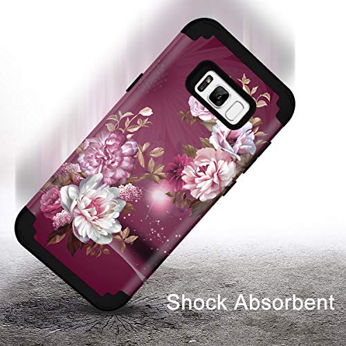 Hocase Galaxy S8 Case, Heavy Duty Shockproof Protection Soft Silicone Rubber Bumper+Hard Plastic Hybrid Dual Layer Protective Case for Samsung Galaxy S8 (SM-G950U) 2017 - Burgundy Flowers