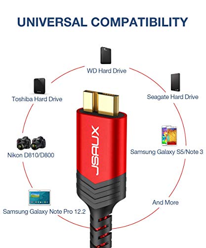 JSAUX Hard Drive Cable [2 Pack,0.3M+1M] USB 3.0 A to Micro B Nylon Cable Compatible with Portable External Hard Drives,WD Elements,Seagate Expansion,Toshiba,Samsung M3 1TB/Galaxy S5/Note 3-Red