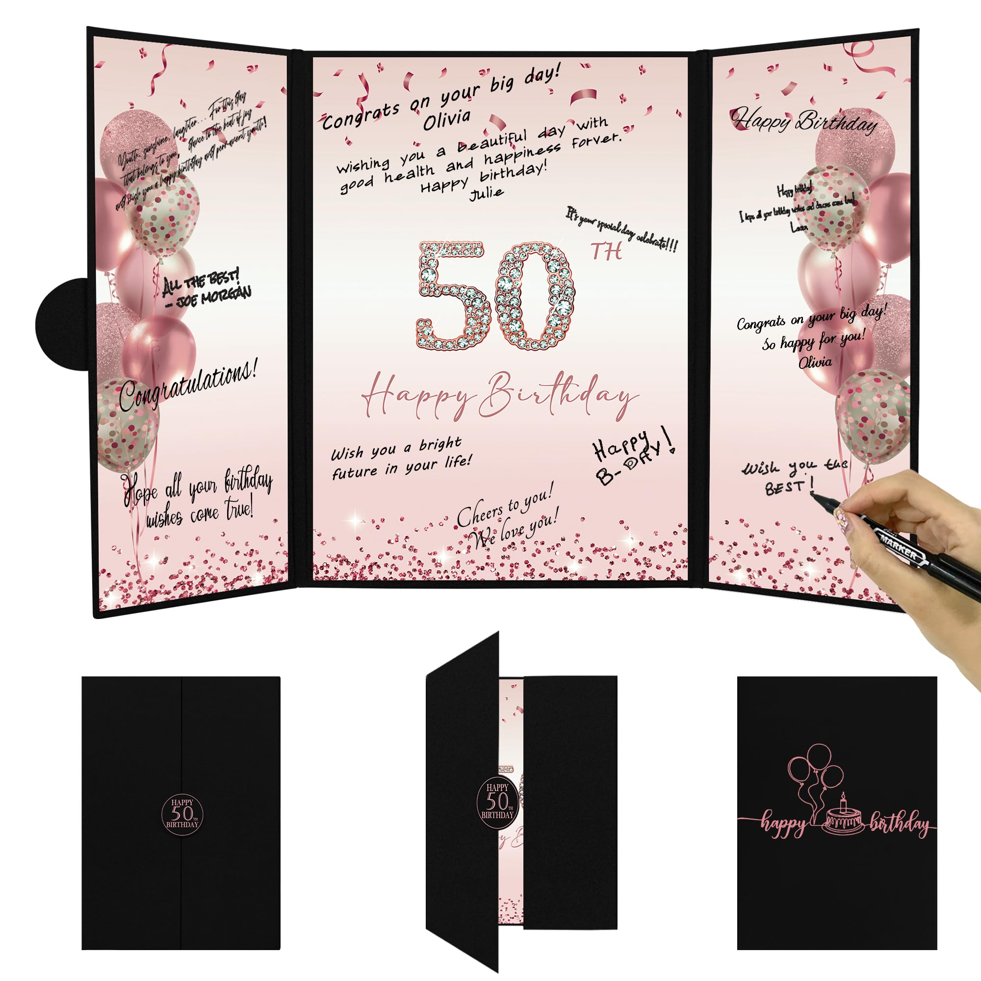 DARUNAXY Rose Gold 50th Birthday Party Decorations for Women, Happy 50th Birthday Alternative Signature Guest Book Black Pink 50 Birthday Signing Card Board Party Supplies Cheers to 50 Years Old Gift