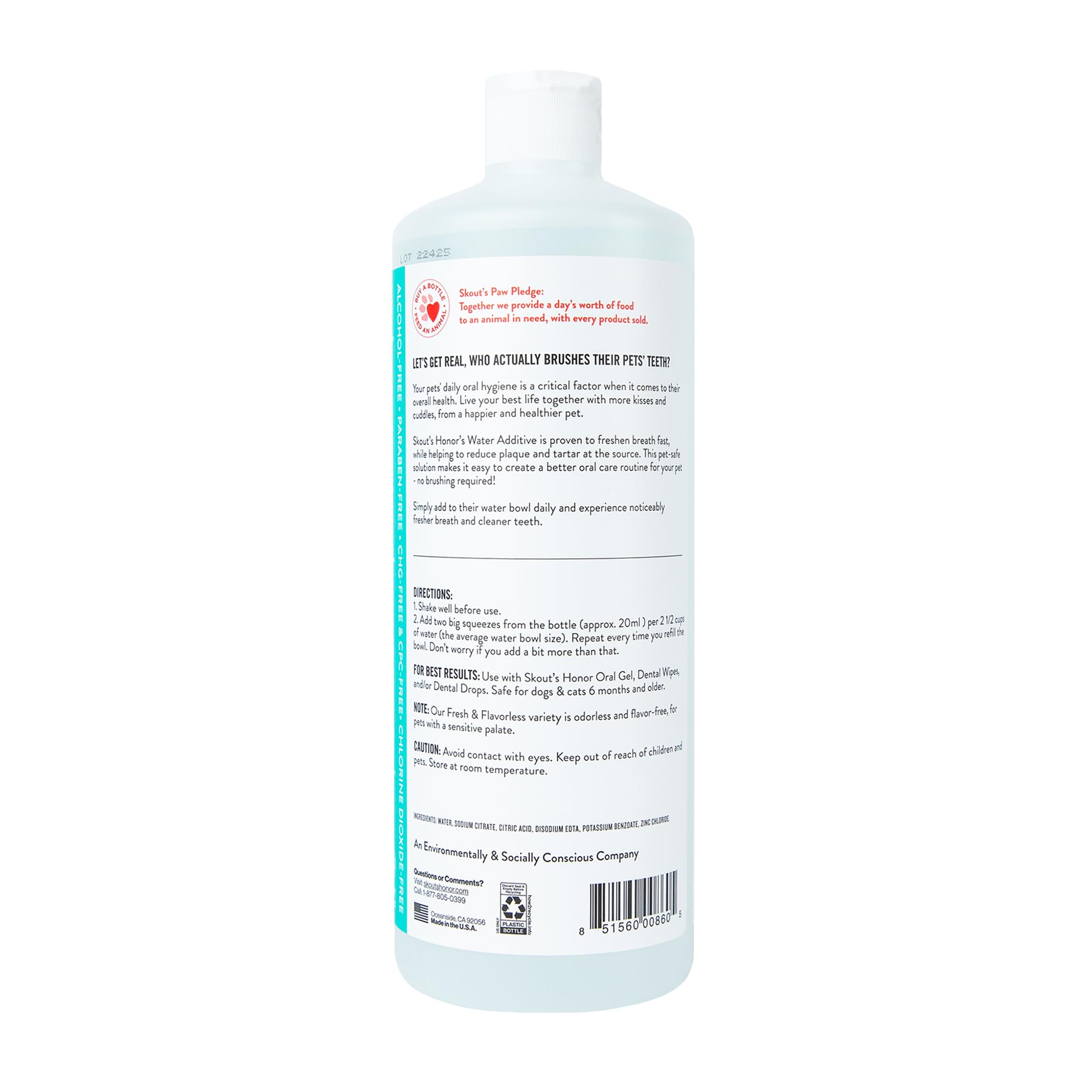 SKOUT'S HONOR Fresh & Flavorless Water Additive - VOHC Accepted for Tartar Control, Freshens Breath Fast, No Brushing Required, 32 oz