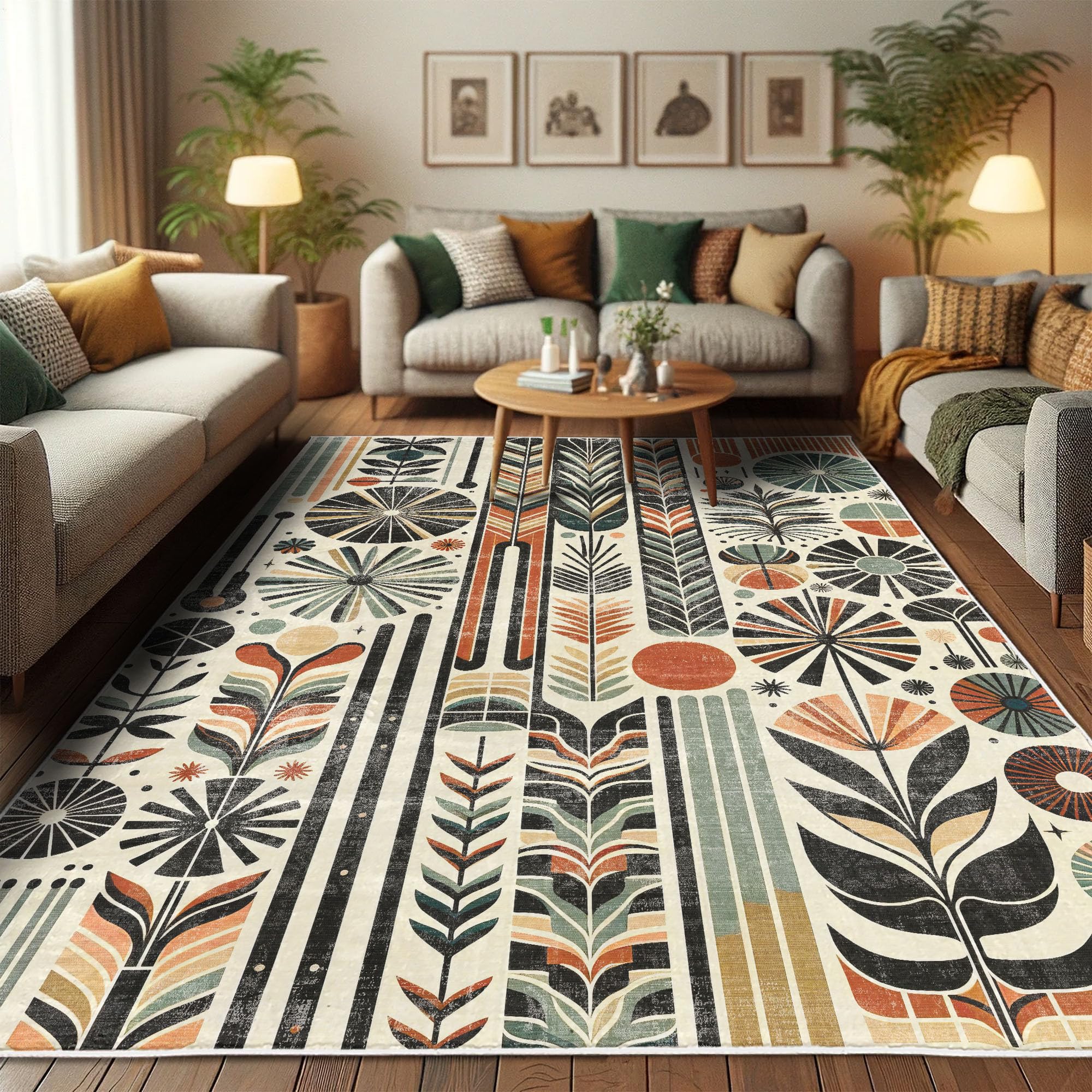 Ambesonne Bohemian Decorative Rug, Retro Mid Century Inspired Abstract Patterns on Ivory Background, Quality Carpet for Bedroom Dorm and Living Room, 4' X 5' 5", Dark Orange and Reseda Green