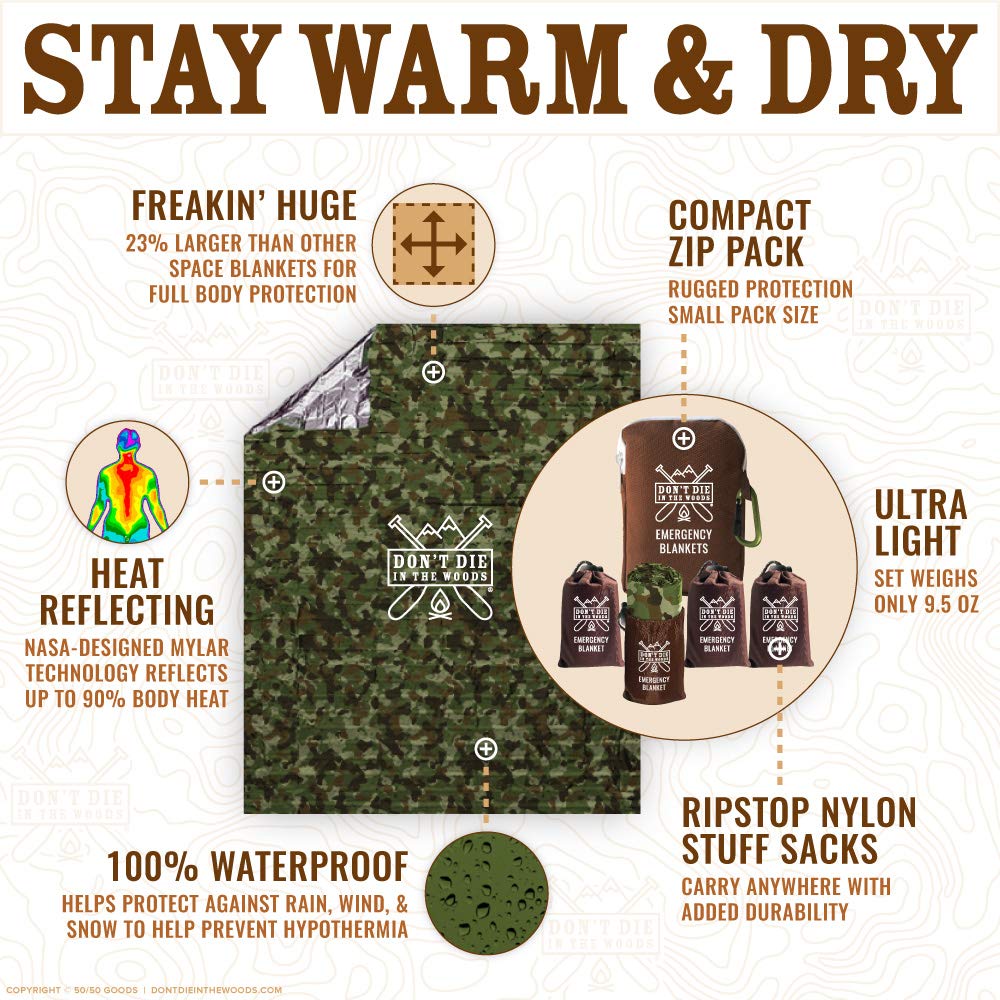 Don't Die In The Woods - Freakin’ Huge Emergency Blankets [4-Pack] Extra-Large Thermal Mylar Space Blankets with Ripstop Nylon Stuff Sacks + Carabiner Zipper Pack [Woodland Camo]