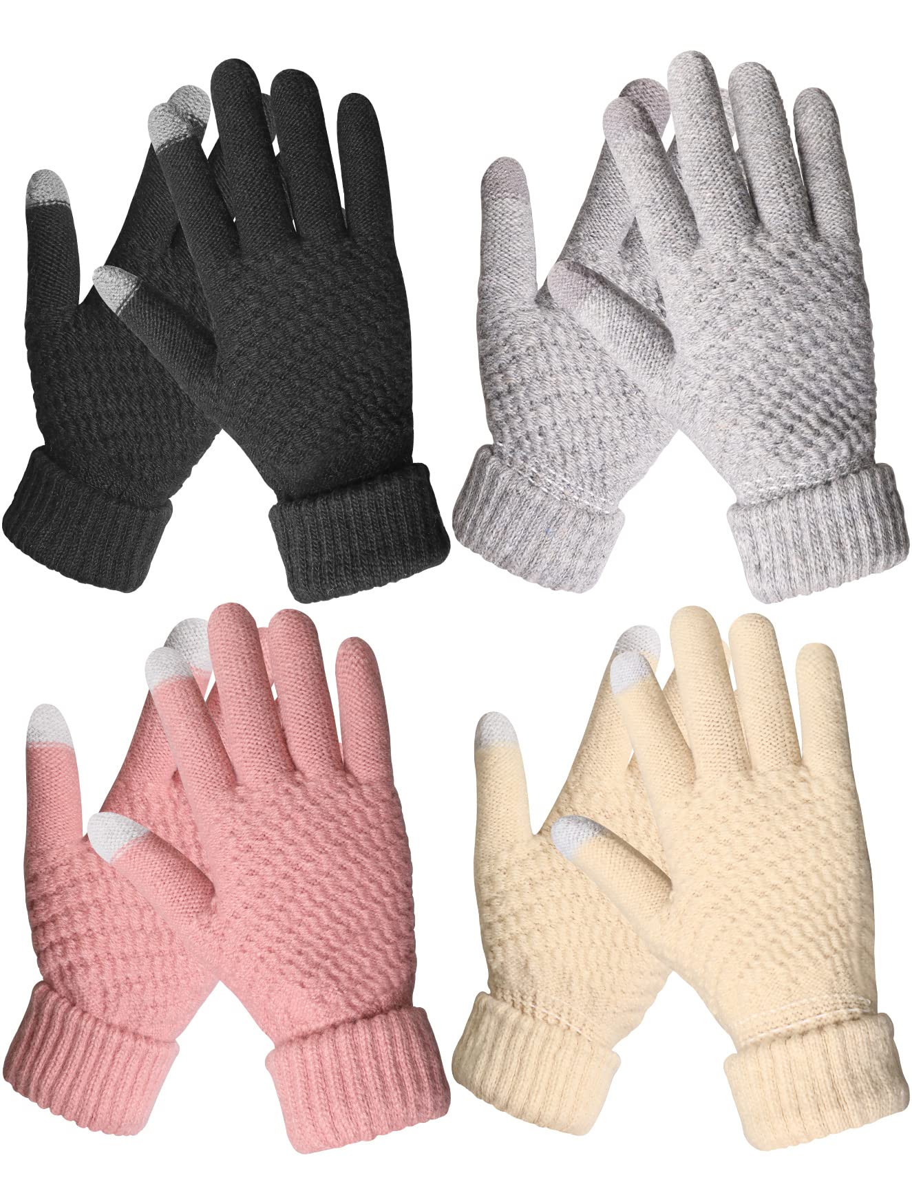 4 Pairs Womens Winter Gloves Warm Touch Screen Knit Fleece Gloves for Women Cold Weather (Black, Gray, Pink, Beige, One Size)