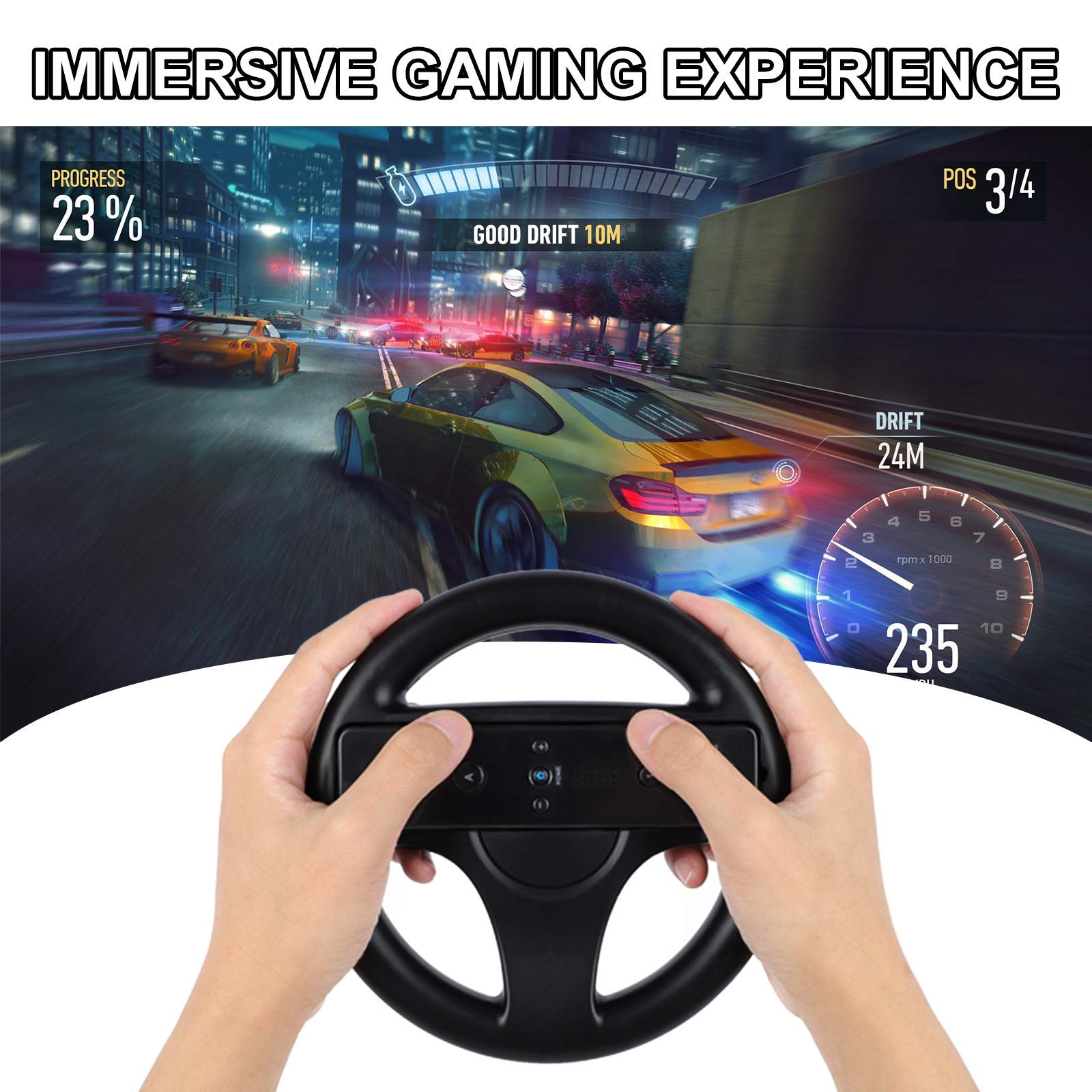 GEEKLIN Steering Wheel for Wii Controller, 2 pcs Black Racing Wheel Compatible with Mario Kart, Game Controller Wheel for Nintendo Wii Remote Game