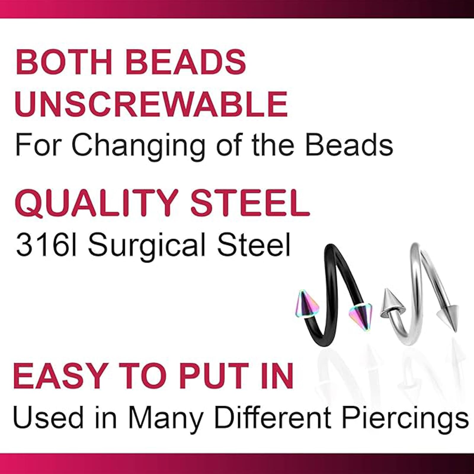 4pcs 16g Spiral Piercing Cartilage Earring Lip Tragus Eyebrow Hoop Helix Twisted Bar Surgical Steel Studs - 10mm