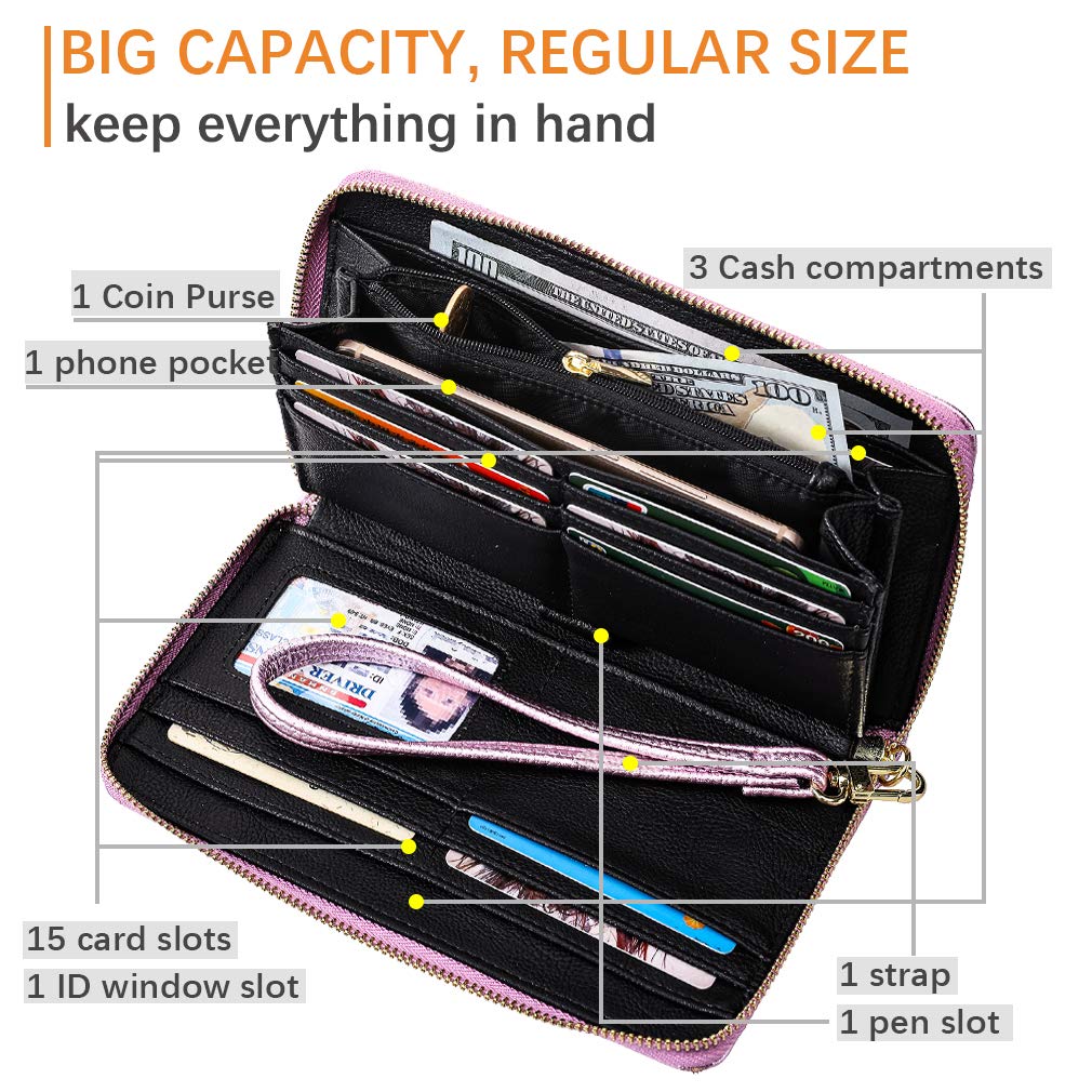 Bybetermon Women's Wallet Zip Around Wristlet RFID Blocking Purse Travel Wallet Clutch for Woman Men