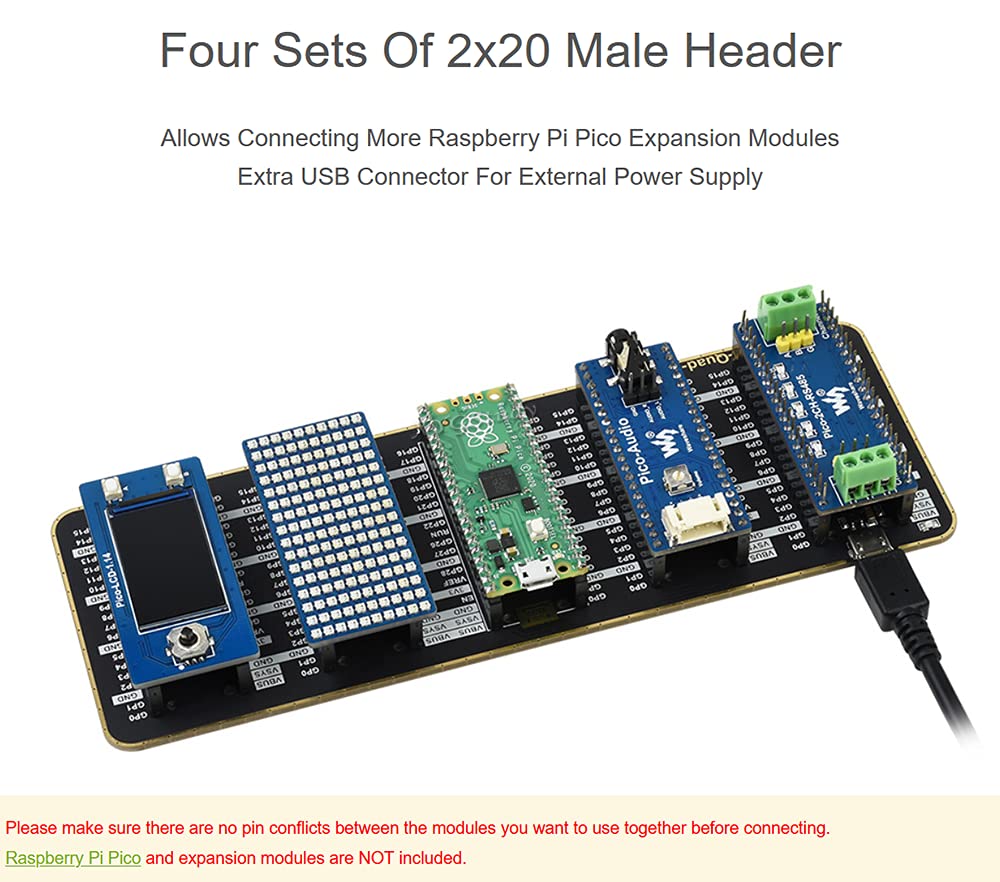 Quad GPIO Expander for Raspberry Pi Pico for Connecting More Expansion Modules Four Sets of Male Headers USB-Powered Support @XYGStudy (Pico-Quad-Expander)