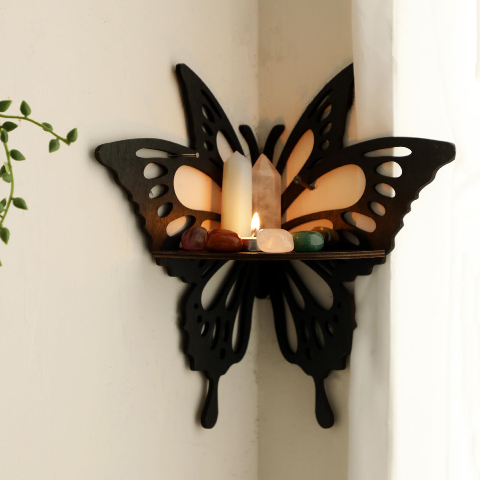 Artilady Butterfly Crystal Shelf - 2 PCS Black Wall Corner Shelf Crystal Display Shelf Floating Shelves for Bedrooms Boho Cute Bathroom Kitchen Office Living Room Decor Aesthetic Witchy Gift