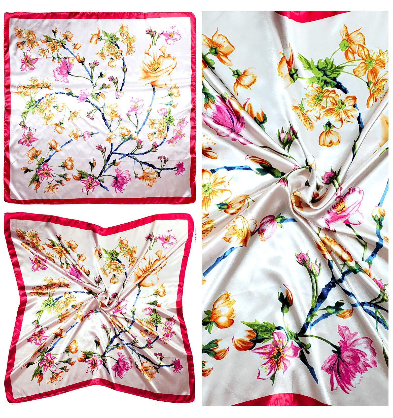 4 Pc Set Large 35 x 35 inches Satin Square Scarves Neck Hair Head Scarf Bundle (Set A)