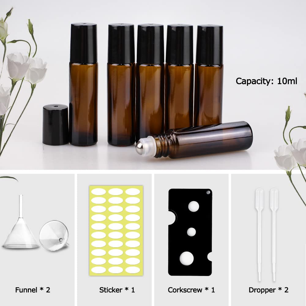 sungwoo 12 Pack Essential Oil Roller Bottles Stainless Steel, 10ml Amber Glass Roller Bottles with Caps for Travel, Perfume and Lip Gloss