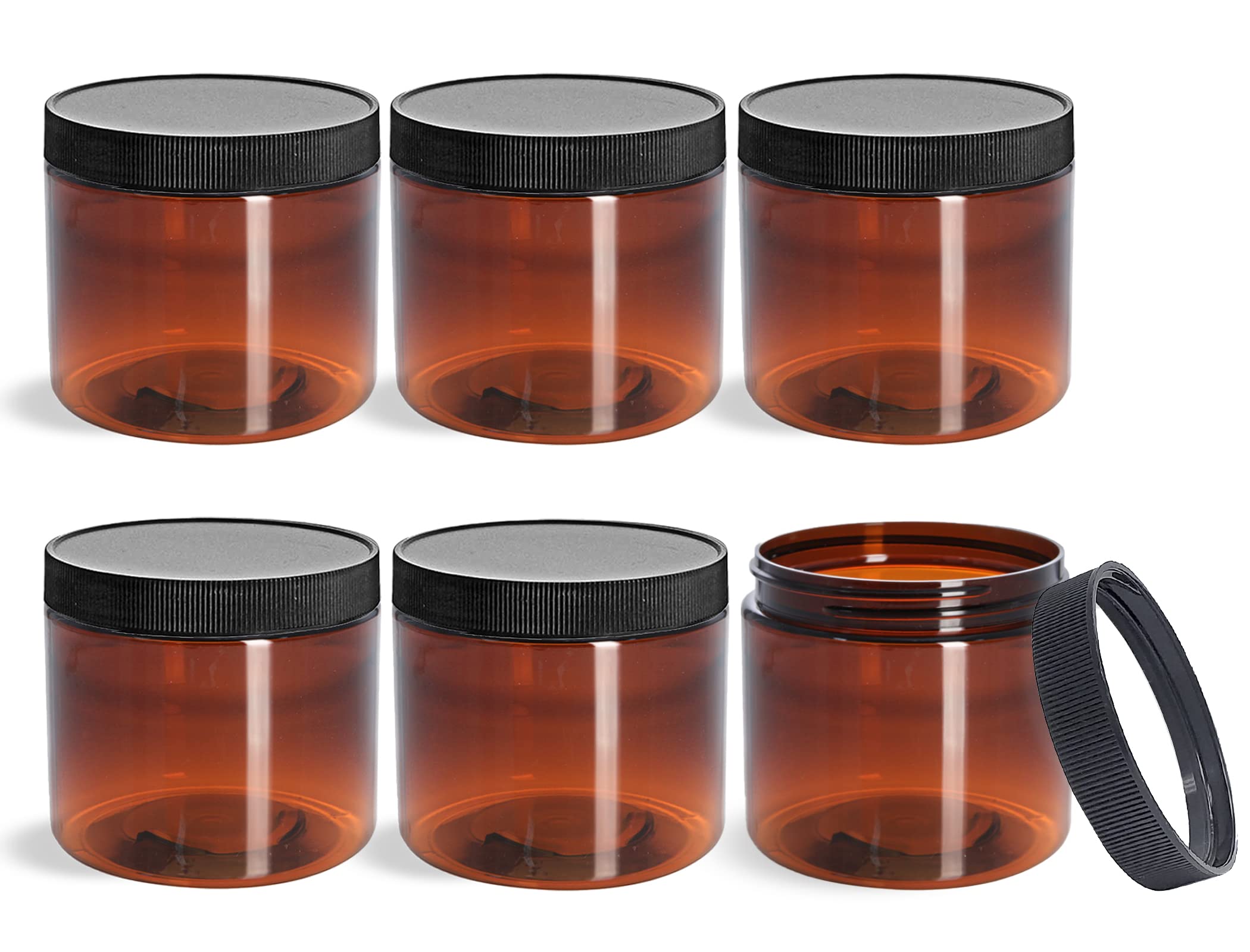 ljdeals 16 oz Amber Plastic Jars with Lids, Refillable Empty Round Containers, Pack of 6, BPA Free, Made in USA, Perfect for Kitchen, Cosmetic, Lotion, Personal Care Products and more