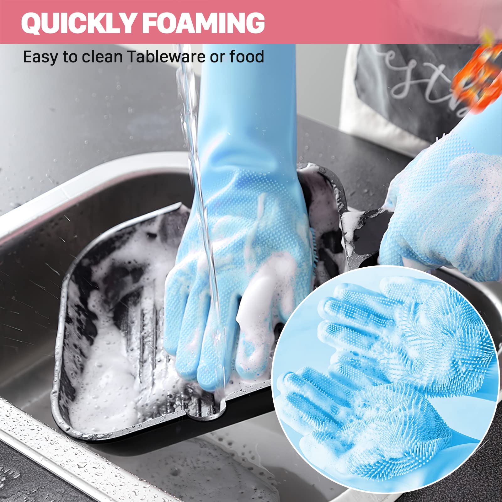 ABYANK Silicone Dishwashing Gloves,Reusable Rubber Dishwashing Gloves for Household, Bathroom,Pet Bathing, Cars, Fruit and More (Blue)