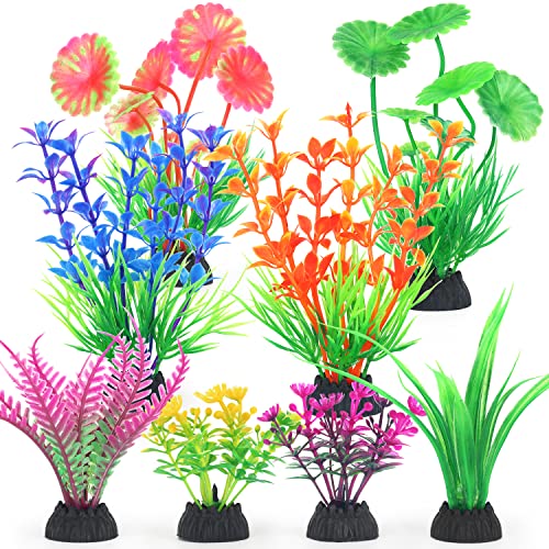 Borlech Aquarium Plants Decorations, Fish Tank Artificial Plastic Plant Decoration Set 8 Pieces (Multicolor)