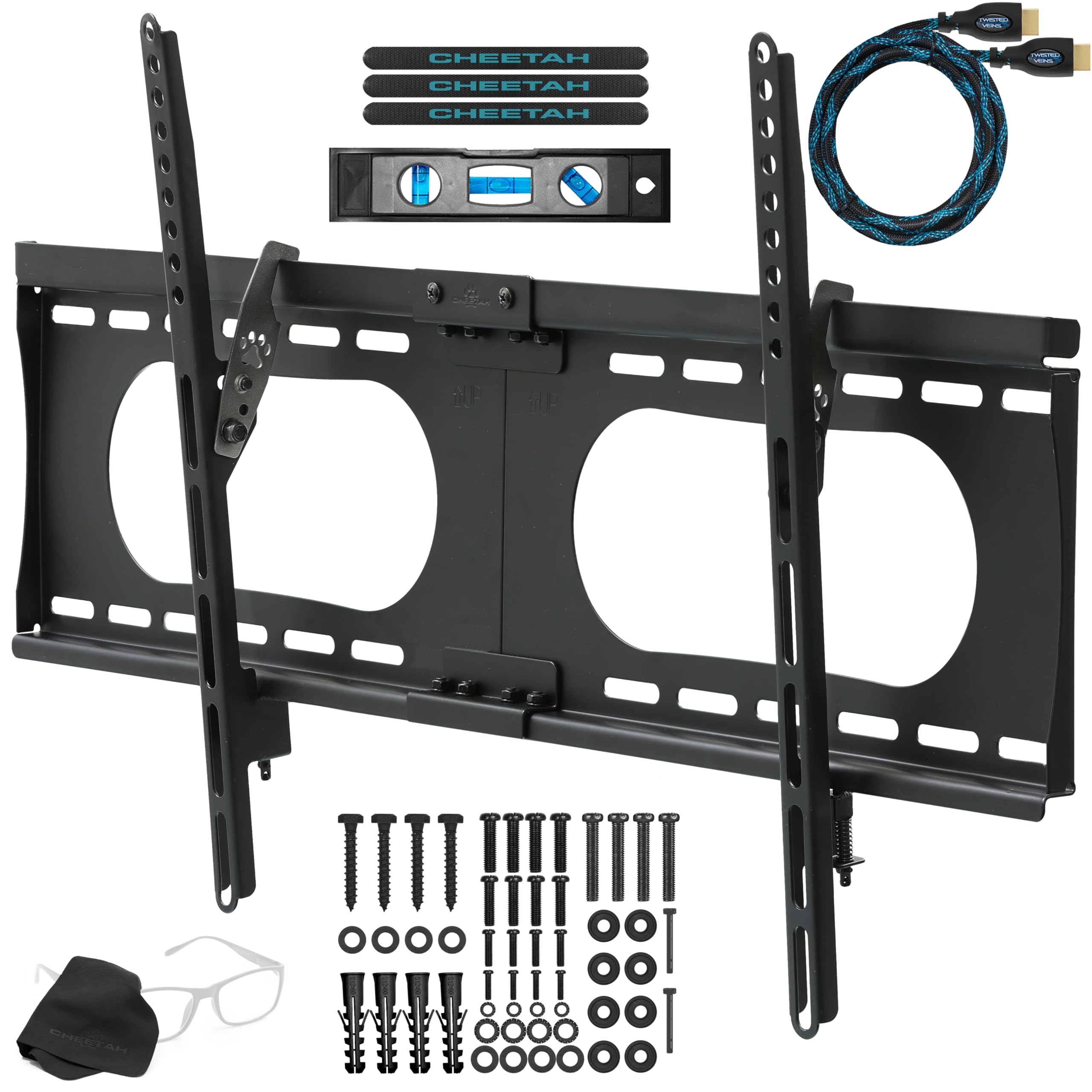 Cheetah APTMMB TV Wall Mount for 20-80" TVs (Some up to 90”) up to VESA 730 and 165lbs, and fits 16” and 24” Wall Studs, and Includes a Tilt TV Bracket, a 10' Twisted Veins HDMI Cable and a 6" 3-Axis