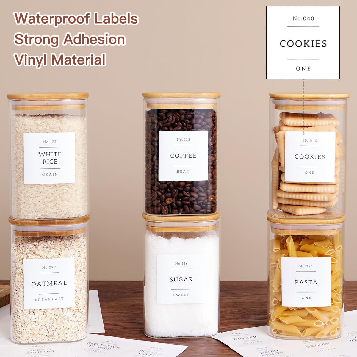CZZGSM 6 Pack Square Glass Kitchen Storage Jars with Airtight Bamboo Lids and 132 Pantry Labels - 35oz Glass Canisters With Wood Lids - Glass Food Storage Containers for Coffee, Cookie, Tea, Spice