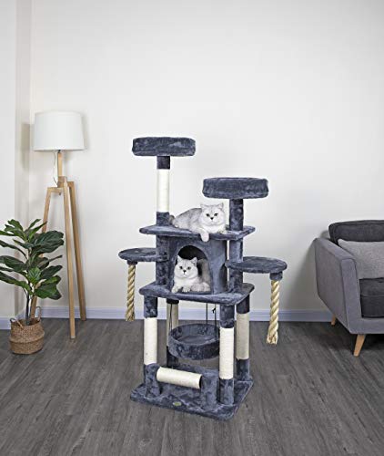 Go Pet Club 57.5" Jungle Rope Cat Tree Kitty Condo Tower House Furniture with Swing Bed and Spinning Scratching Post, Slate Gray
