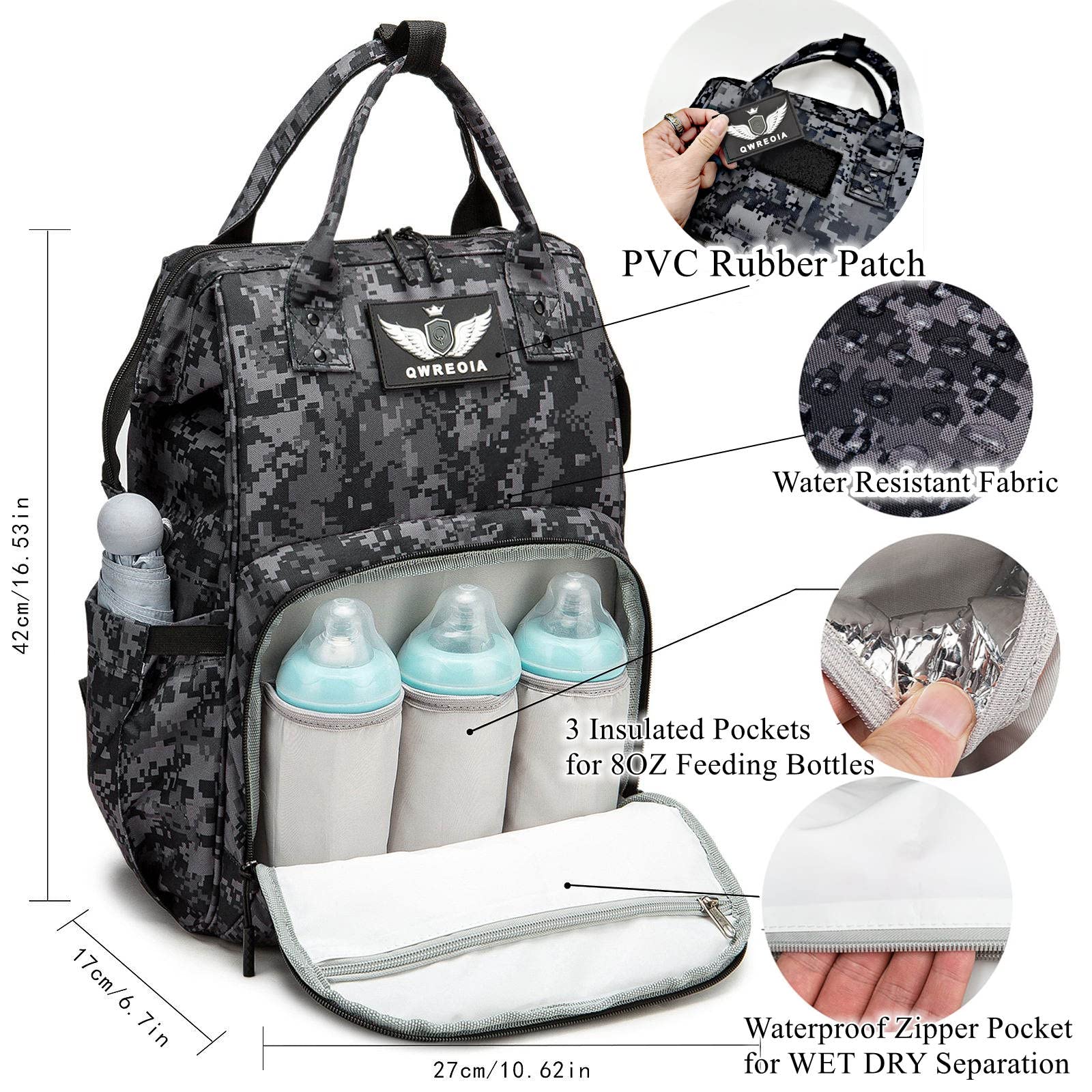 QWREOIA Diaper Bag Backpack with USB Charging Port Stroller Straps and Insulated Pocket,army military Travel Nappy Backpack for Dad/Mom (Black Camo)
