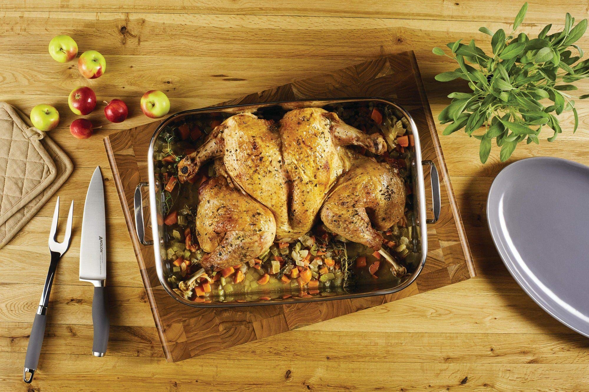 Anolon Triply Clad Stainless Steel Roaster / Roasting Pan with Rack - 17 Inch x 12.5 Inch, Silver