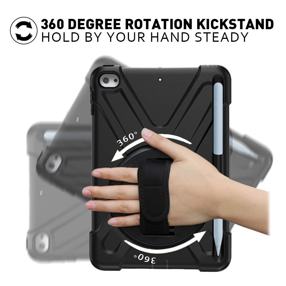 ZenRich iPad Mini 5/ iPad Mini 4 Case with Pencil Holder, Heavy Duty Shockproof Rugged iPad Mini 7.9 Inch Case with Hand Strap/Kickstand-Black
