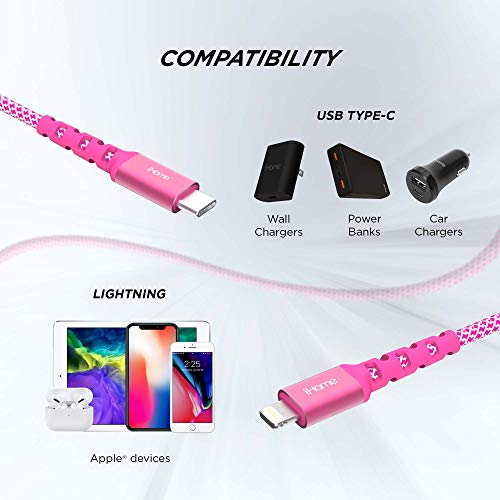 iHome USB C to Lightning Cable: Nylon Braided, Apple MFi Certified,for iPhone 12/12 Pro/12 Pro Max/12 Mini/ 11/11 Pro/ 11 Pro Max, AirPods Pro(Supports Power Delivery w/18W Type C Charger),10 Ft,Pink