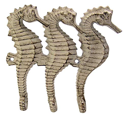 Large Rustic White Cast Iron Sea Horse Wall Hooks, 8 3/4 Inch