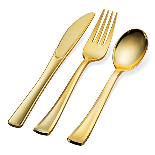 300 Gold Disposable Plastic Flatware Set - 100 Forks, 100 Spoons, 100 Knives - Heavy Duty Silverware for Party Bulk