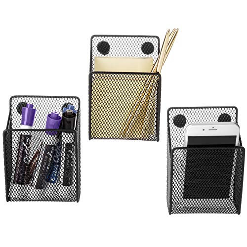 MyGift Black Metal Mesh Magnetic Office Supplies Pen Pencil and Marker Holder, Whiteboard Accesories Storage Basket, School Locker Organizer Accessory Pencil Cup, Set of 3