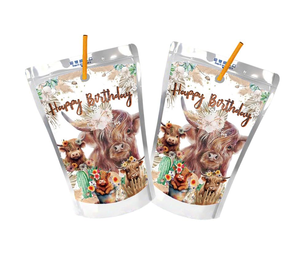Ecletta 24 Pcs Highland cow Birthday Party Supplies,Highland cow Juice Bag Tags for Highland cow Party Decorations,highland cow baby shower decorations