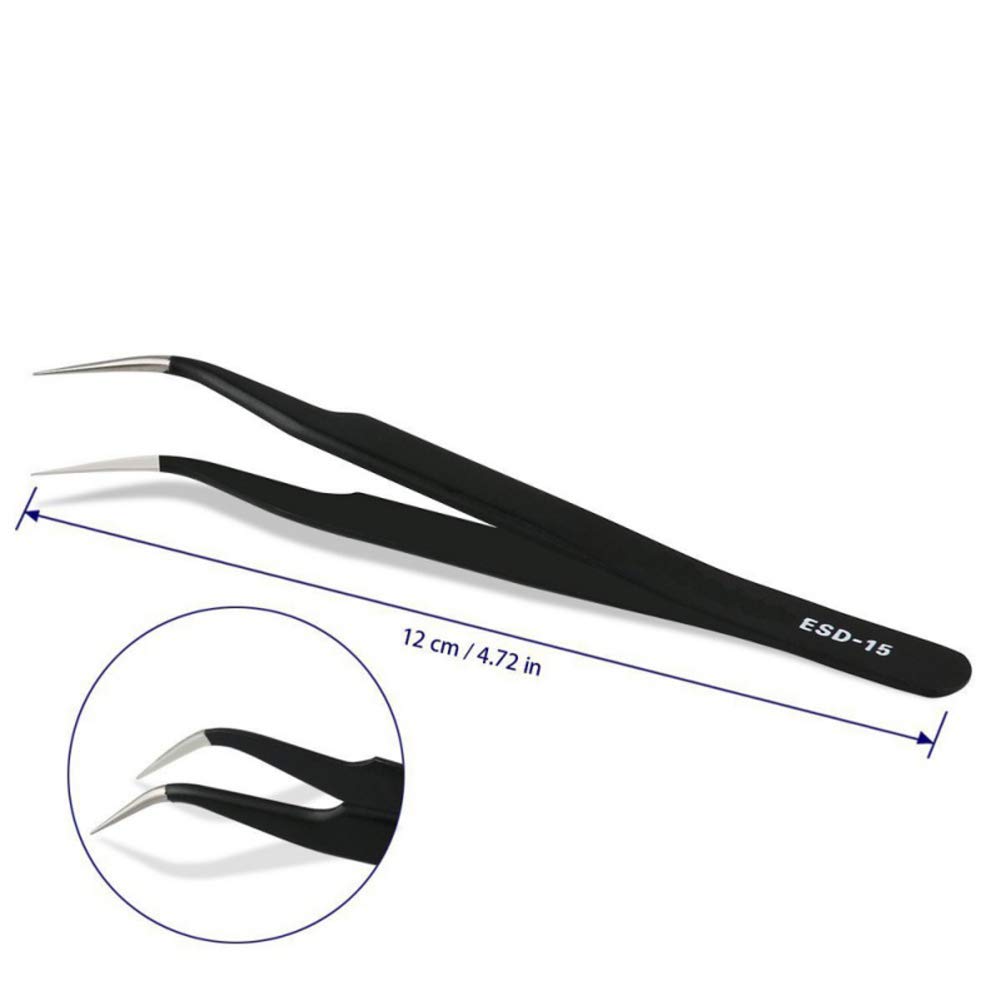 Tovip 4 Pcs ESD Tweezers Set Anti-Static Tweezers Stainless Steel Tweezers for Eyelash Extension,Electronics, Jewelry-making - Straight and Curved Tip Tweezers - Black