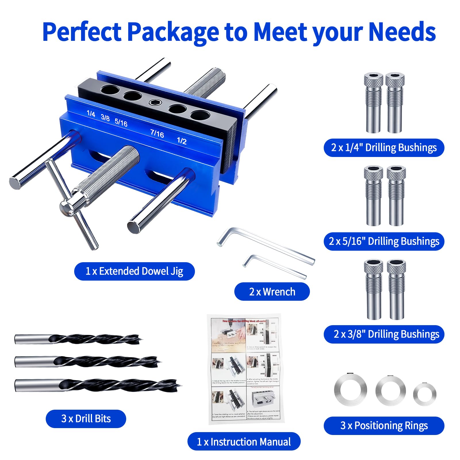 6.7 inch Self Centering Doweling Jig Kit, Self Centering Dowel Jig Kit With 6 Drill Guide Bushings, Adjustable Width Doweling Jig Kit for Straight Holes Woodworking Locator Joints Tools (Blue)