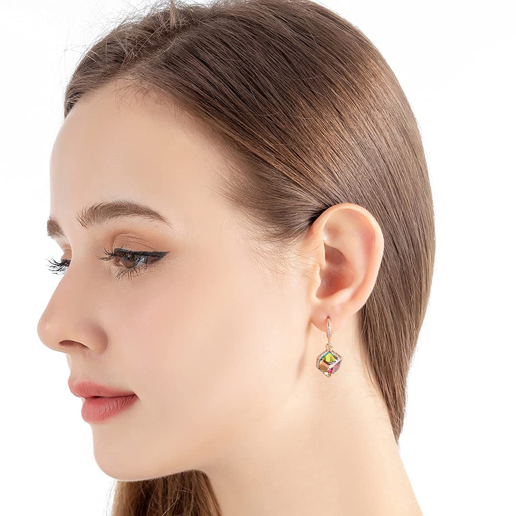 Austrian Crystal Cube Drop Dangle Earrings for Women 14K Gold Plated Hypoallergenic Jewelry (Rainbow/Rose Gold-tone)