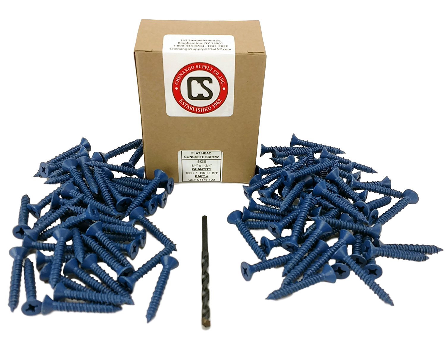 Chenango Supply 1/4 x 1-3/4" Flat Head Concrete Screw Anchor. 100 Pieces with Drill Bit (Miami-Dade Compliant) (1/4 x 1-3/4)