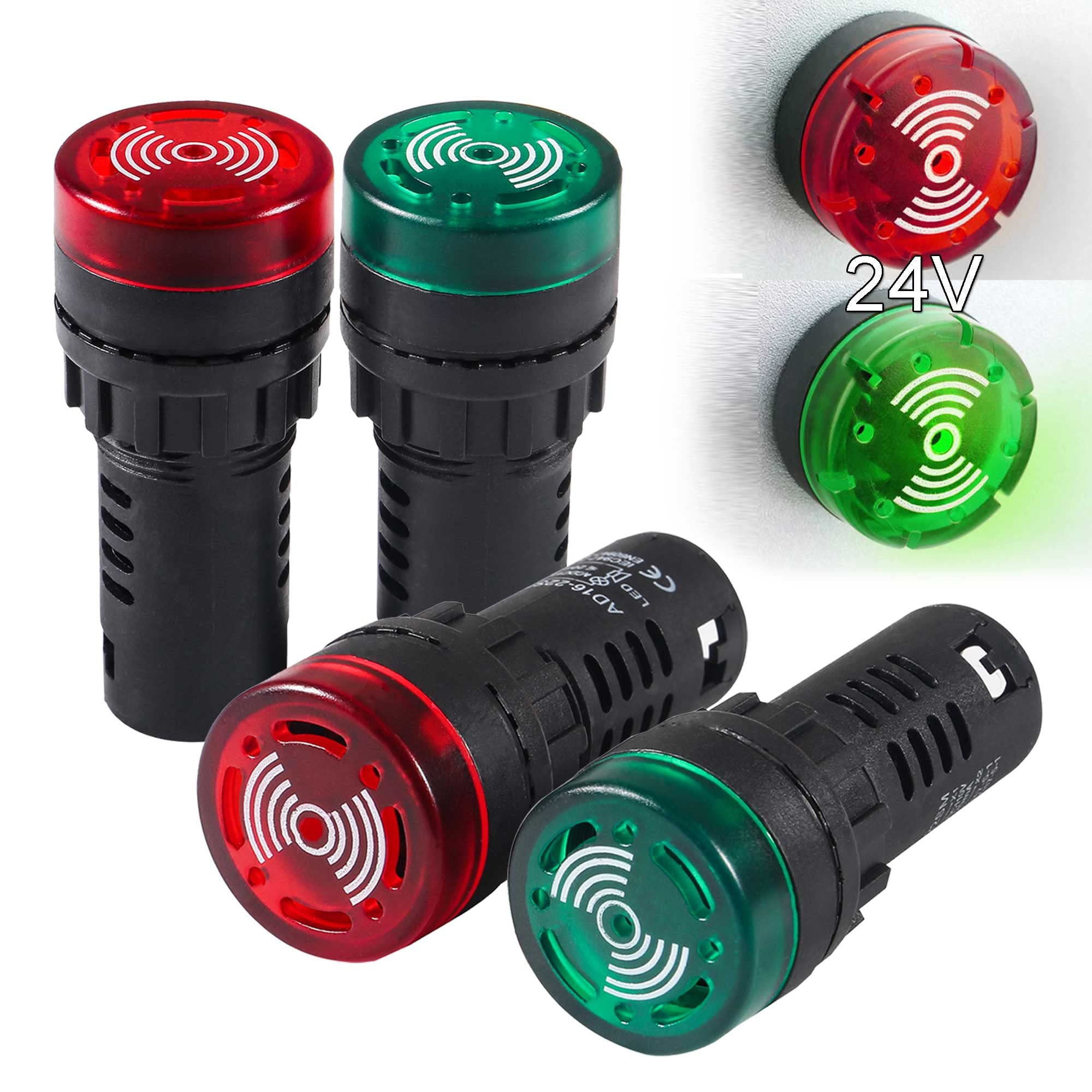 4pcs AC/DC 24V 22mm Red Green Flash Alarm LED Indicator Light Beep Buzzer Flashing Signal Lights for Electrical Control Panel