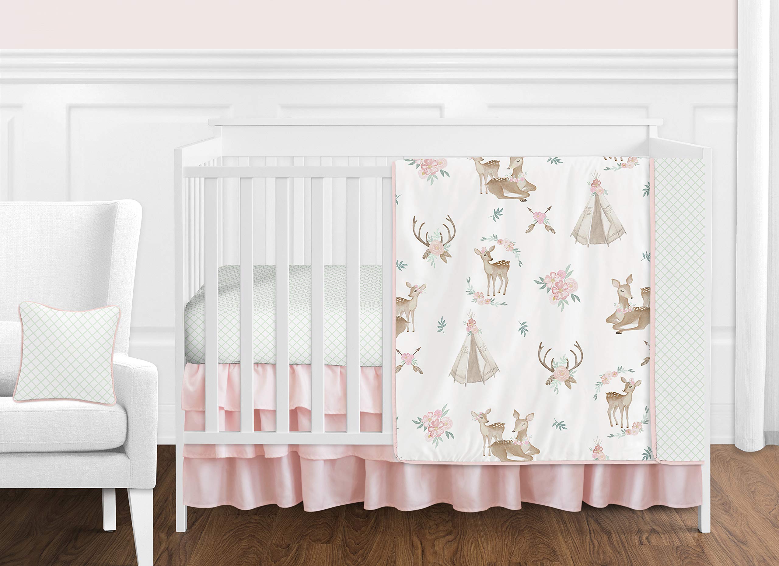 Sweet Jojo Designs Blush Pink, Mint Green and White Boho Watercolor Woodland Deer Floral Baby Girl Crib Bedding Set - 11 Pieces