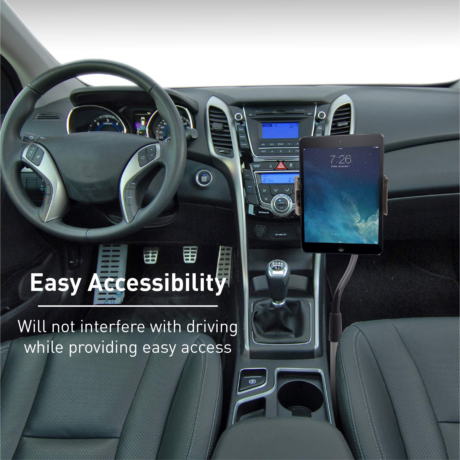 Macally Car Seat Rail Mount - Super Secure Tablet Mount for Car and Floor Mount Phone Holder - Adjustable Gooseneck iPad Mount for Truck and Any Vehicle - Works with All iPad, iPhone, Tablets