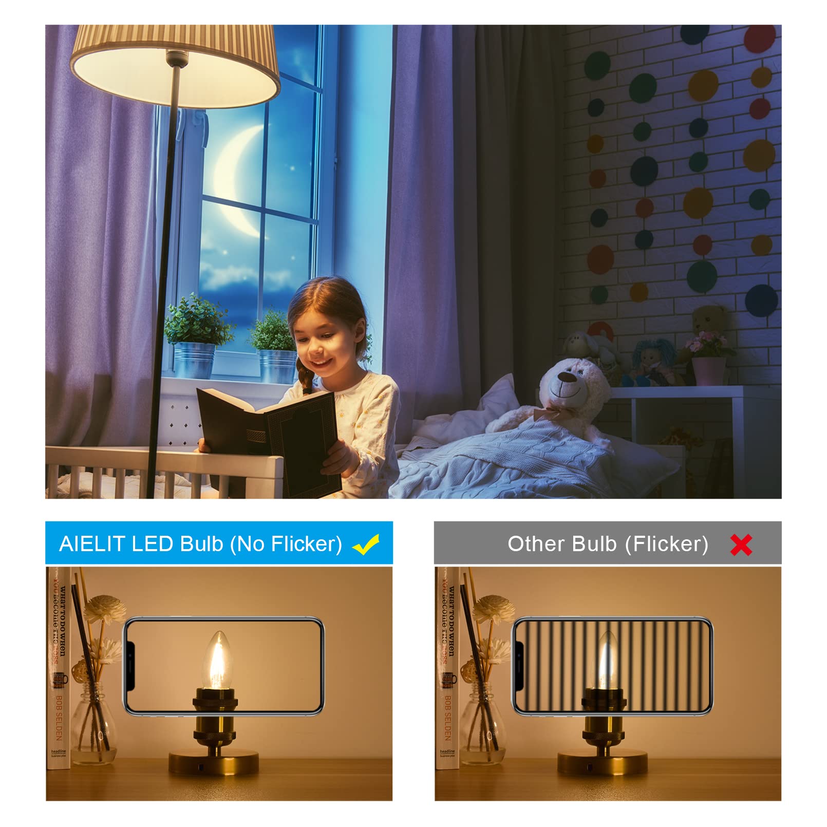 AIELIT Dimmable LED Candle Light Bulb, Vintage 2W B11 E26 LED Candelabra Bulbs 25 Watt Equivalent for Hotel Bedroom Entryway Chandelier Pendant Lights Wall Sconce Beside Lamp, Warm White 2700K, 4 Pcs