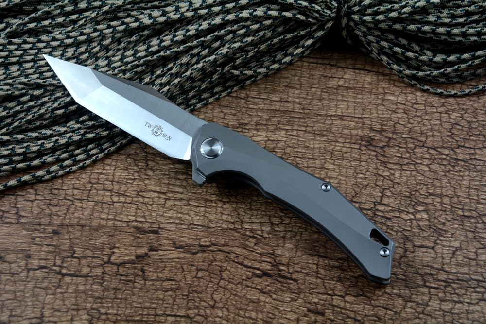 TWO SUN D2 Blade Folding Pocket Knife Gray Titanium Handle TS43