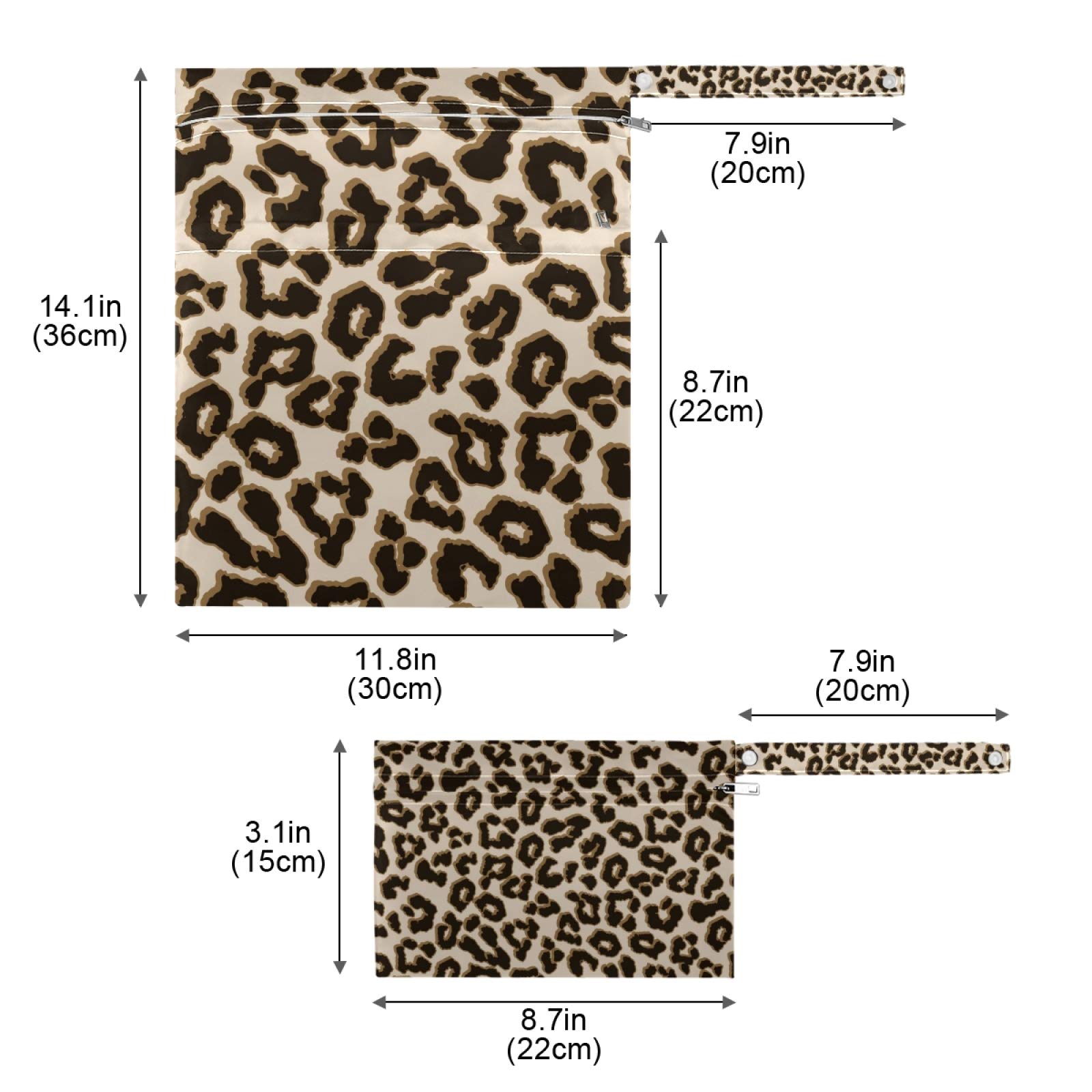 Qilmy 2pcs Leopard Wet Dry Bag Waterproof Reusable Baby Cloth Diaper Wet Dry Organizer for Travel, Beach, Stroller, Diapers, Wet Swimsuits, Toiletries
