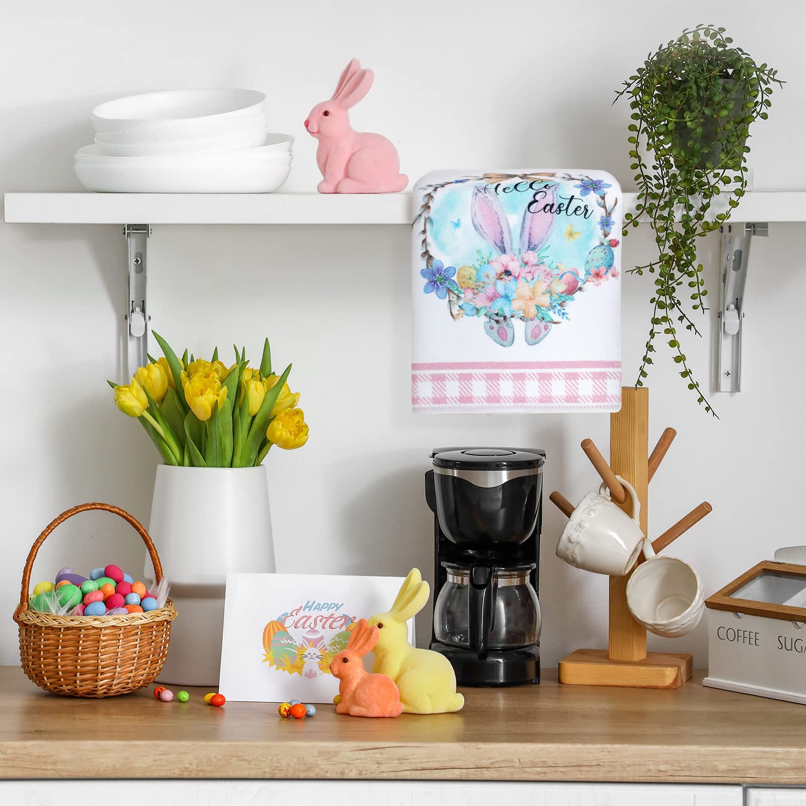 4 Pcs Easter Kitchen Towels Bunny Gnome Easter Dish Towels Easter Egg Farmhouse Hand Towels Easter Kitchen Decor Spring Flowers Blessings Dishcloths Housewarming Gifts for Bathroom Home Decorations