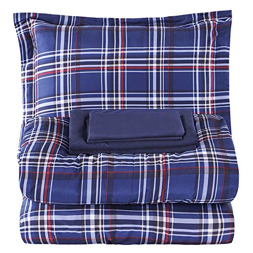 EMME Twin Bed in A Bag 5-Piece, Blue Plaid Twin Comforter Set with Sheets, Brushed Microfiber Down Alternative Bedding Set, Soft and Comfortable Bed Set for All Season (Twin/Twin XL, Blue Plaid)