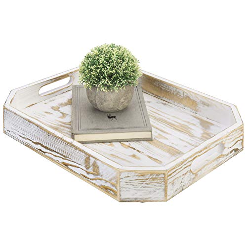 MyGift Shabby White Washed Solid Wood Large Serving Breakfast Tray with Cut-out Handles and Angled Edges, Decorative Ottoman Coffee Table Server Tray Platter, 16 x 12 inch