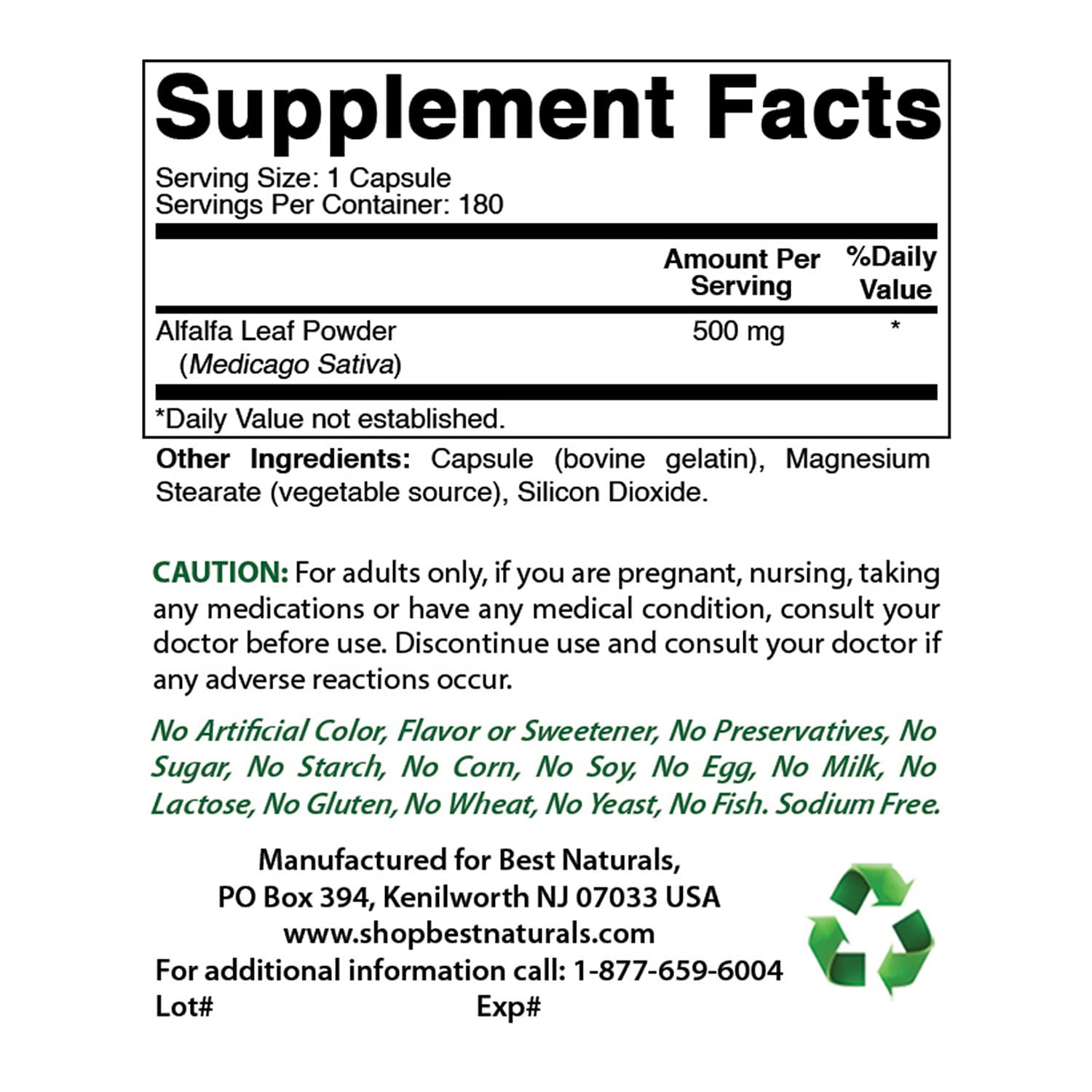 Best Naturals Alfalfa Green Super Food 500 mg 180 Capsules (180 Count (Pack of 1))