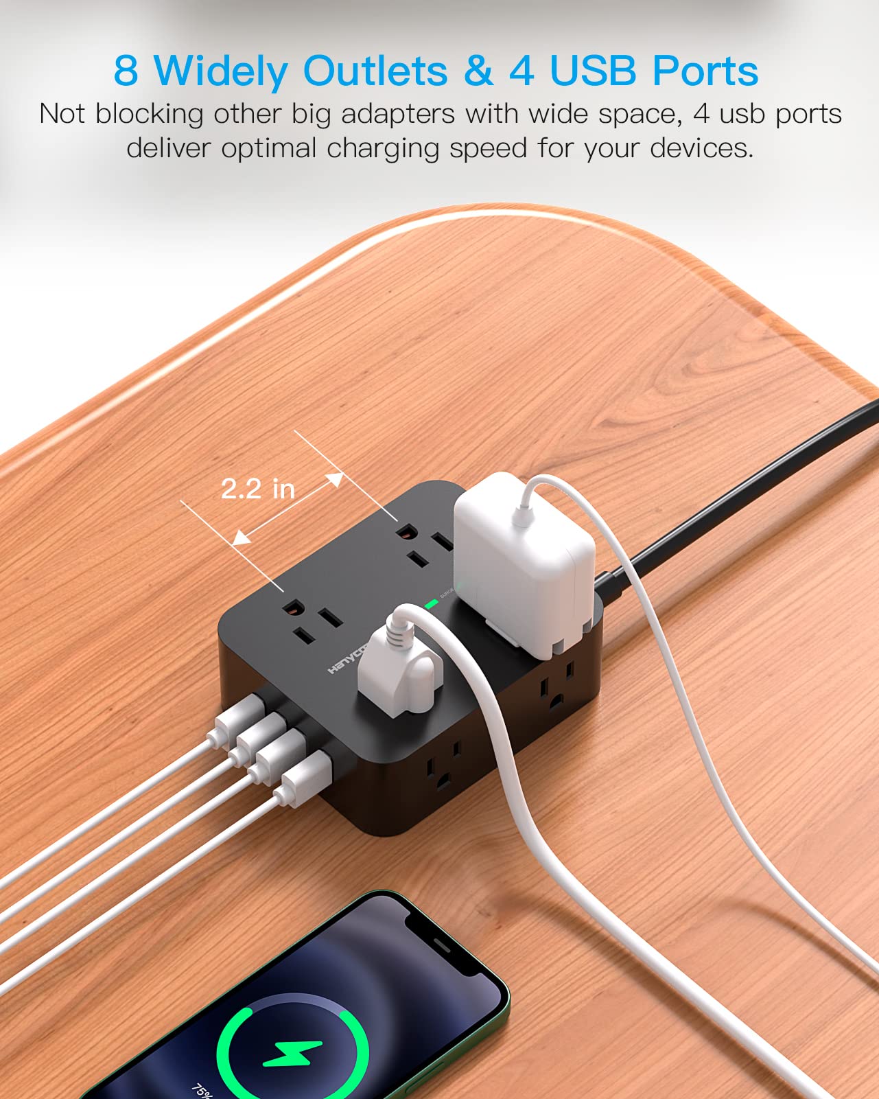 8 Outlets Power Strip with 4 USB Charging Ports, 3 Side Outlet Extender with 5Ft Braided Extension Cord, Flat Plug, Wall Mount, Desk USB Charging Station for Home Office