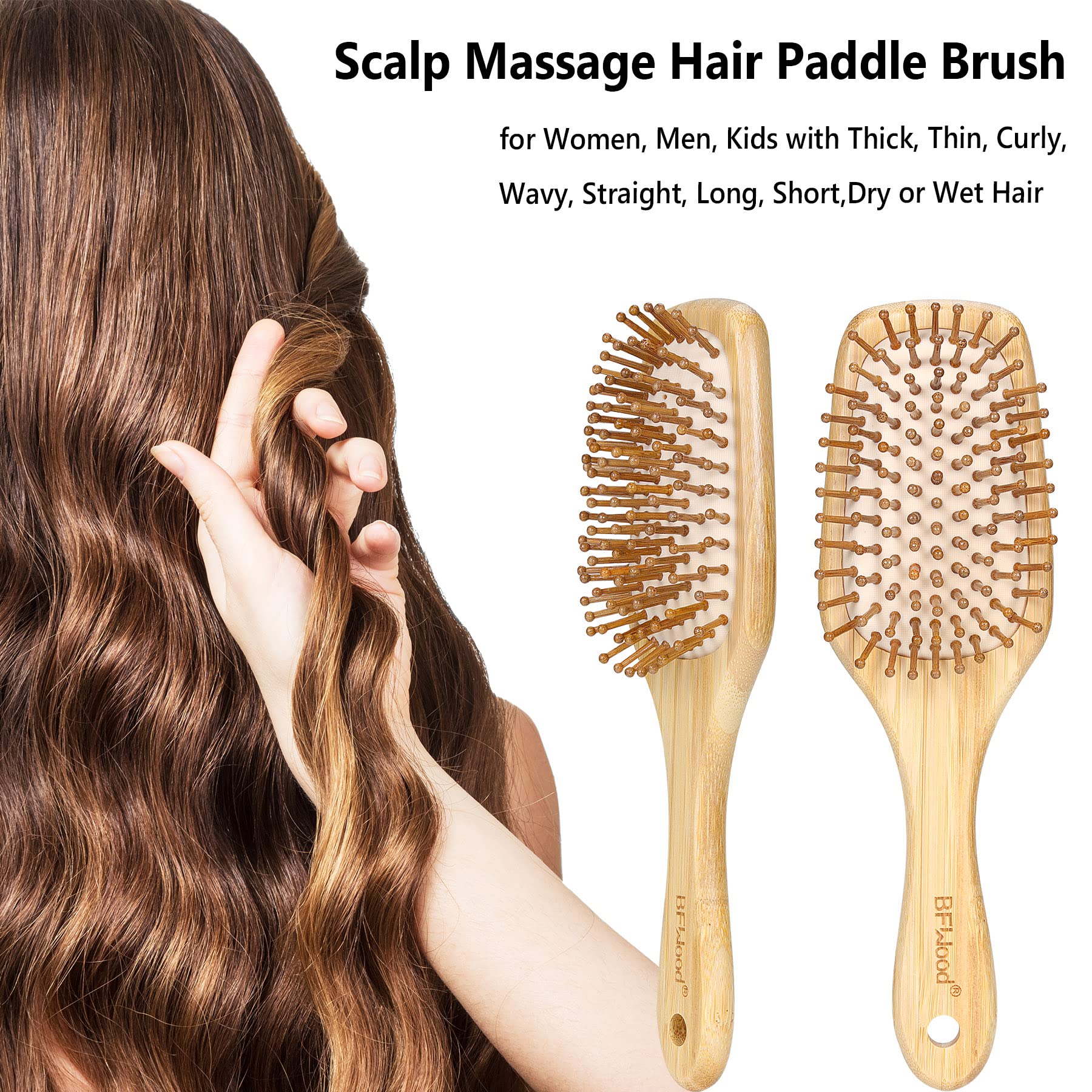 Bamboo Hair Brush with Paddle - Rounded Wood Bristles for Detangling and Gently Massaging Scalp by BFWood, Reduces Frizz and Static