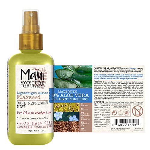 Maui Moisture Lightweight Curls + Flaxseed Curl Refresher Mist, Conditioning and Moisturizing Spray with Aloe Vera, Flaxseed Oil, Coconut Water, Vegan, Paraben Free, Silicone Free, 8 Fl Oz