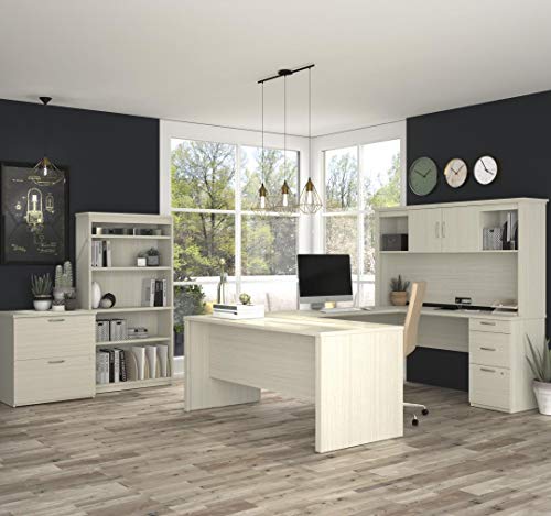Bestar Logan U-Shaped Desk with Hutch, Lateral File Cabinet, and Bookcase, 66W, White Chocolate